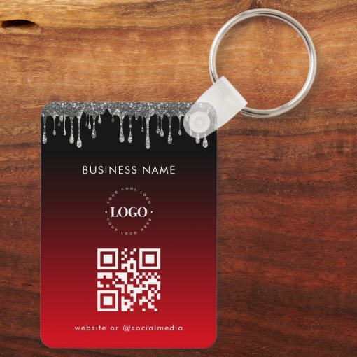 Red Silver Glitter Dripping Company Logo QR Code Keychain | Zazzle