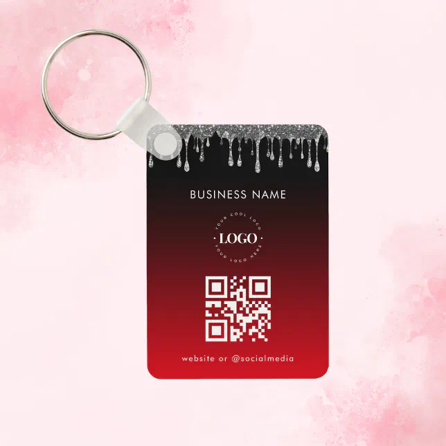 Red Silver Glitter Dripping Company Logo QR Code Keychain | Zazzle