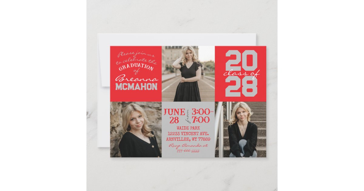 Red & Silver Grey 3 Photo Graduation Invitation | Zazzle