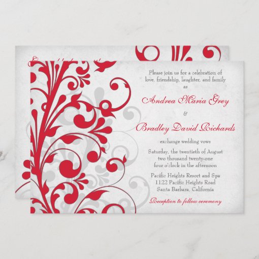 Red Silver Grey Gray Floral Wedding Invitation | Zazzle