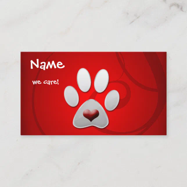 Red Silver Paw Heart Pet Business Card | Zazzle