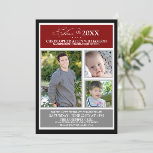 Red|Silver Photo Graduation Party Invitation | Zazzle