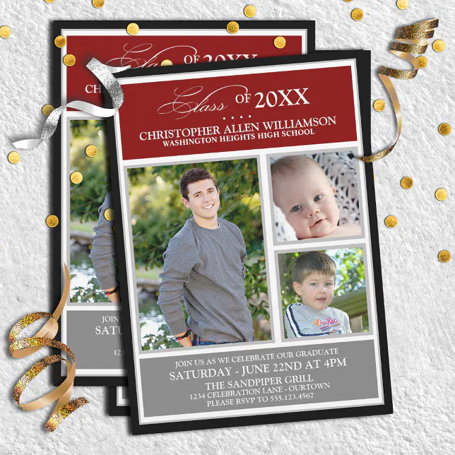 Red|Silver Photo Graduation Party Invitation | Zazzle