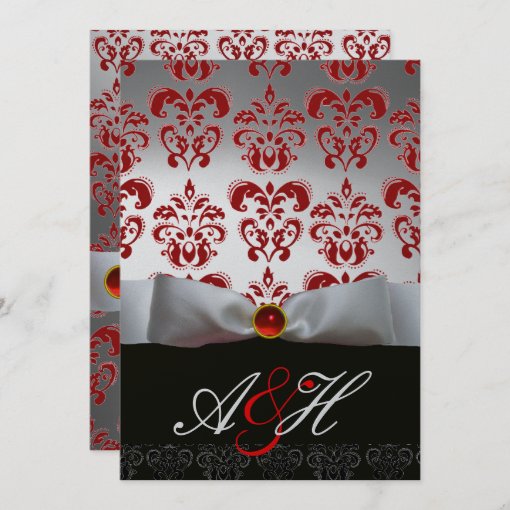 RED SILVER RIBBON & BLACK DAMASK MONOGRAM Ruby Invitation | Zazzle