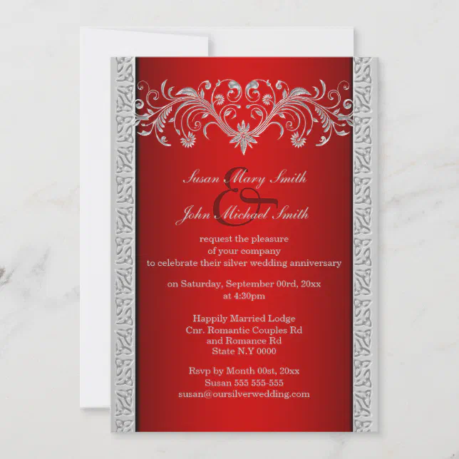 Red silver wedding anniversary floral invitation | Zazzle