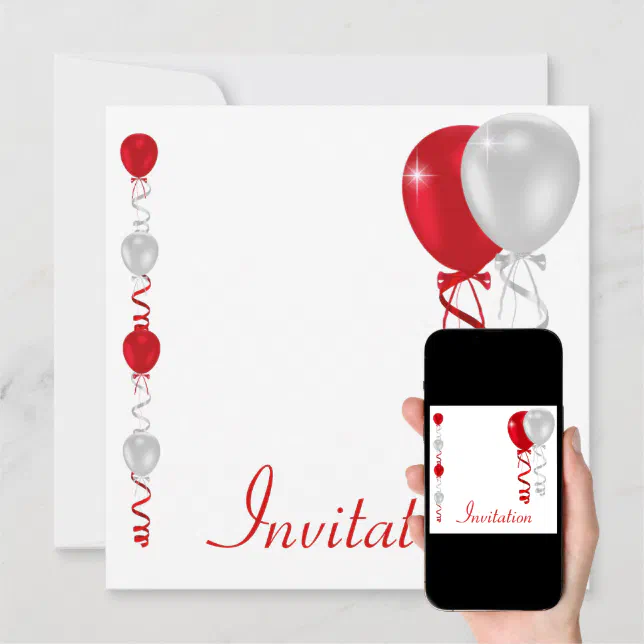 Red Silver White Balloons Special Event Invitation | Zazzle