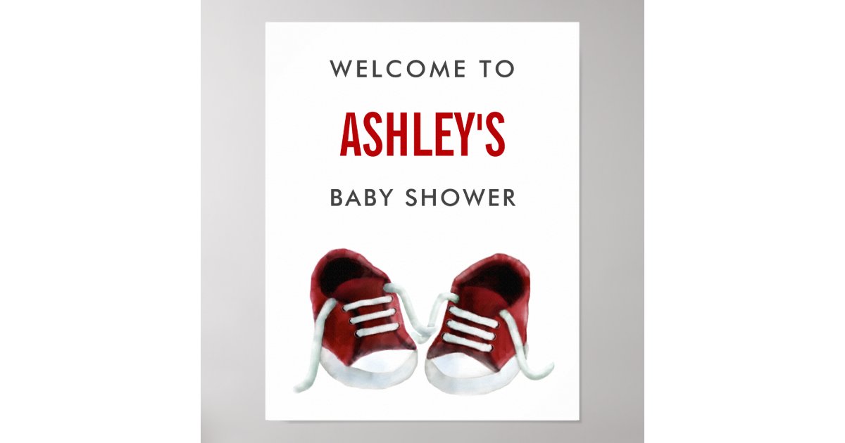 Red Sneakers Baby Shower Welcome Sign Poster | Zazzle