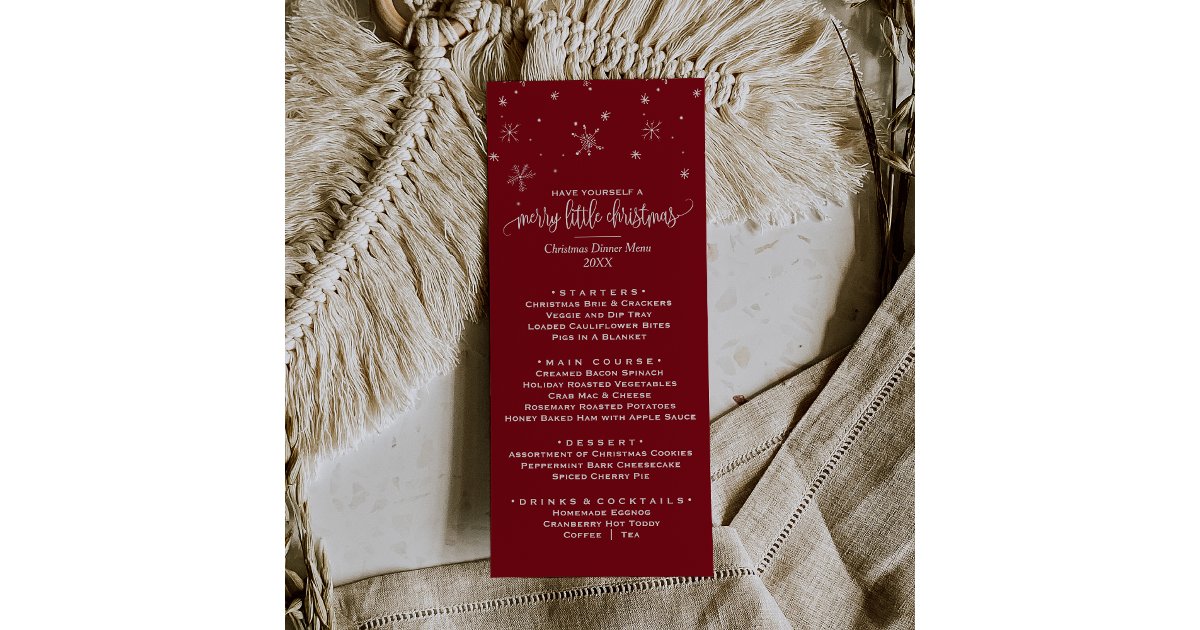 Red Snowflake Christmas Dinner Menu Card | Zazzle