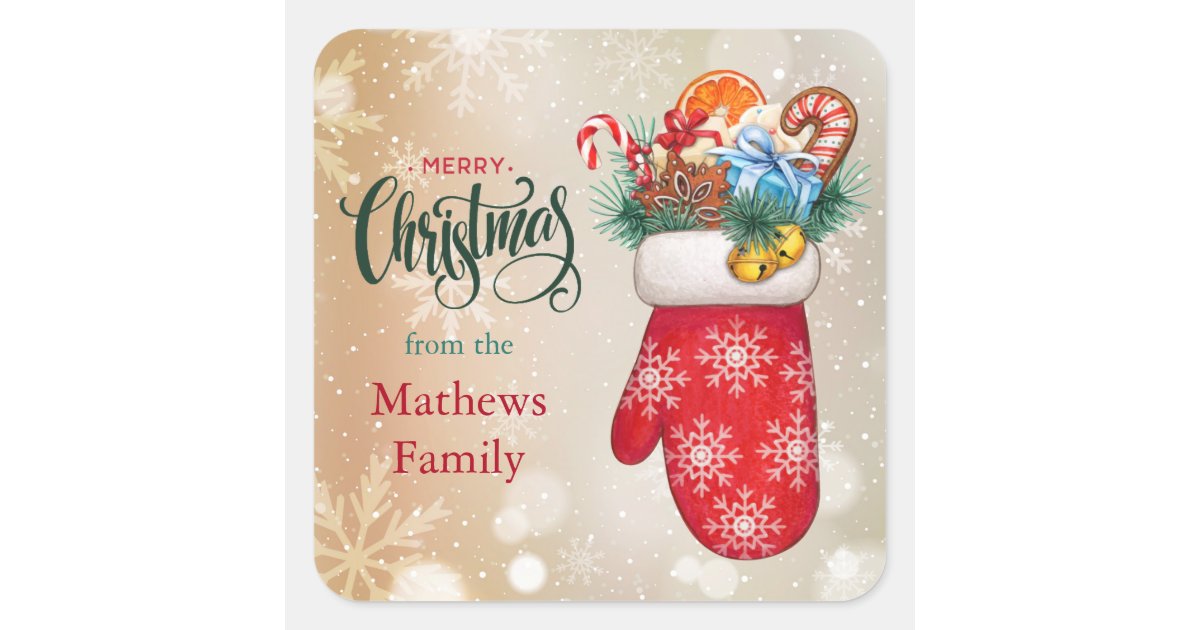 Red Snowflake Mitten with Christmas Goodies Square Sticker | Zazzle