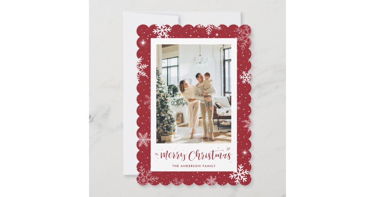 Red Snowflake Photo Merry Christmas Holiday Card | Zazzle