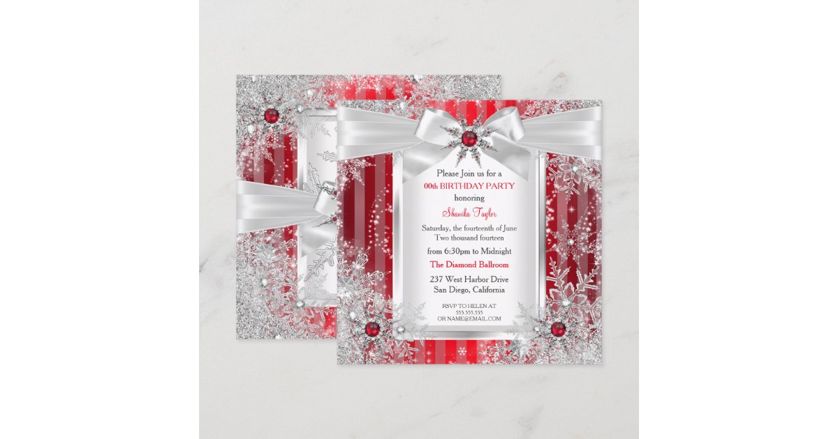 Red Snowflake Silver Bow Winter Wonderland Party Invitation | Zazzle