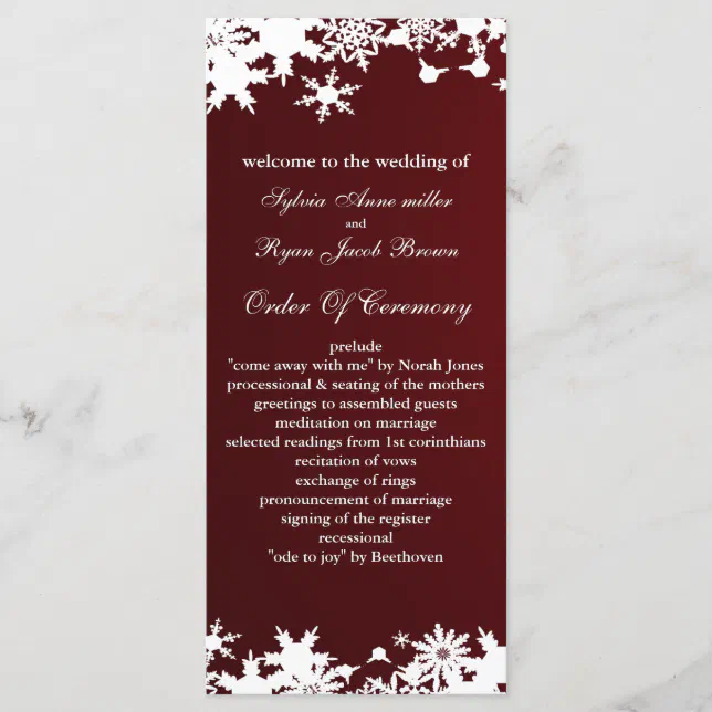 red snowflakes winter wedding program | Zazzle