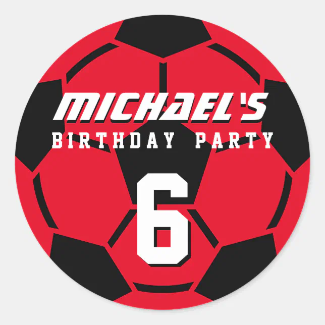 Red Soccer Ball Sports Birthday Party Stickers | Zazzle