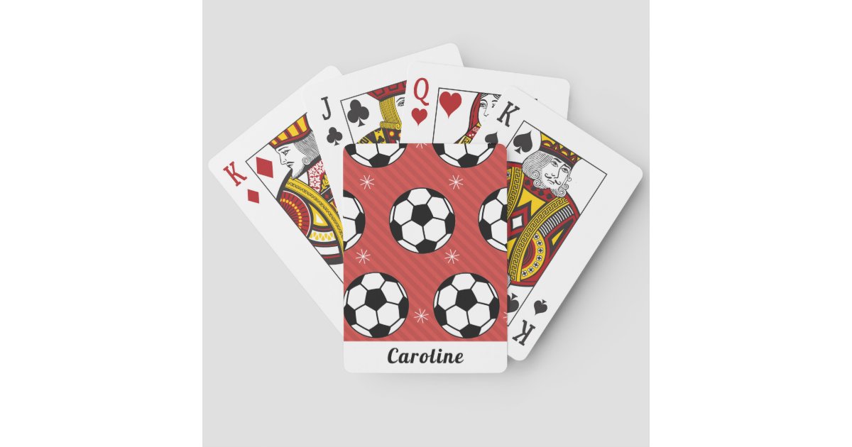 Red Soccer Ball Winter Striped Snowflake Name Cute Poker Cards | Zazzle