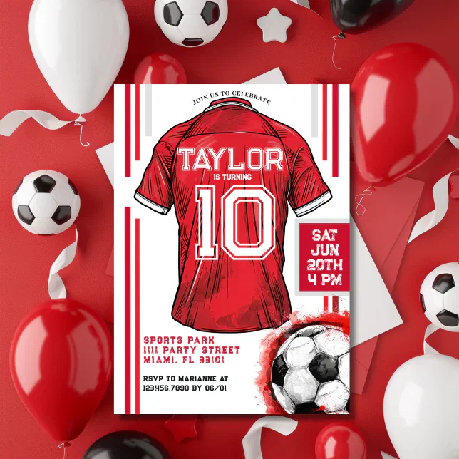 Red Soccer Sports Boy Jersey Kids Birthday Party Invitation | Zazzle