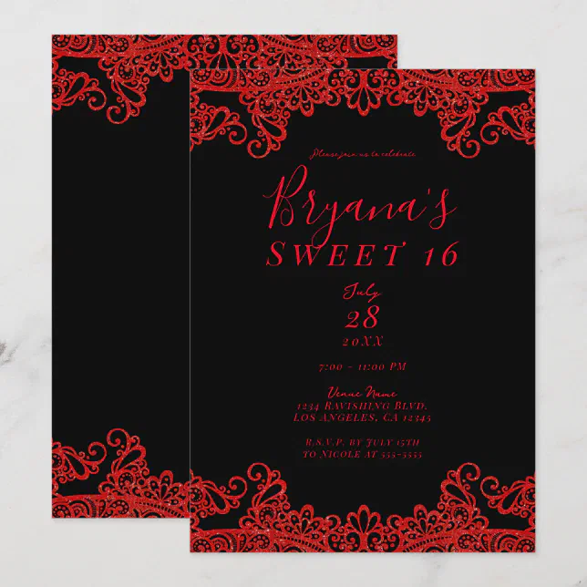 Red Sparkle Glitter Lace Black Sweet 16 Party Invitation | Zazzle