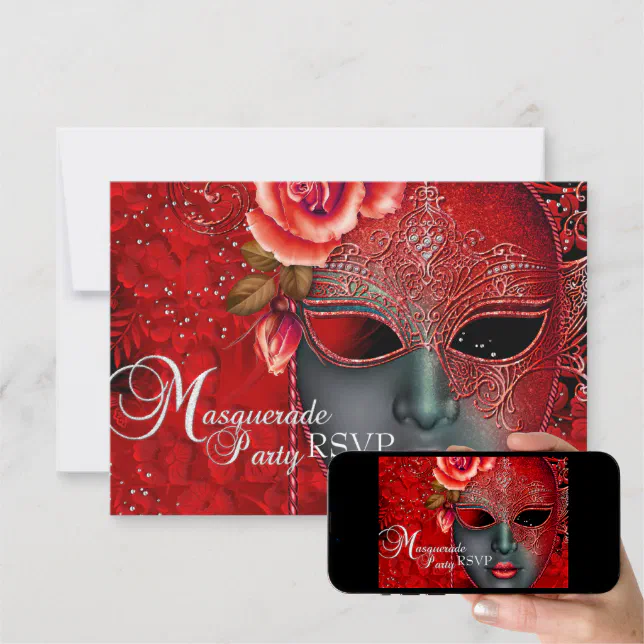 Red Sparkle Mask Masquerade Party RSVP Invitation | Zazzle