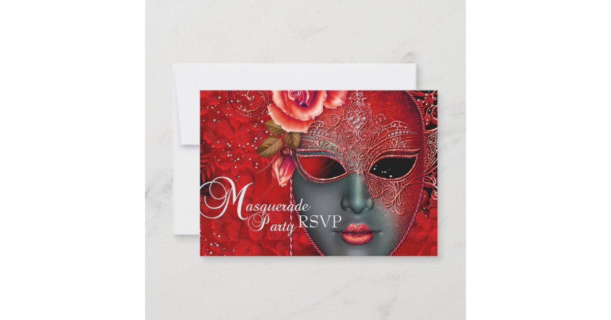 Red Sparkle Mask Masquerade Party RSVP Invitation | Zazzle