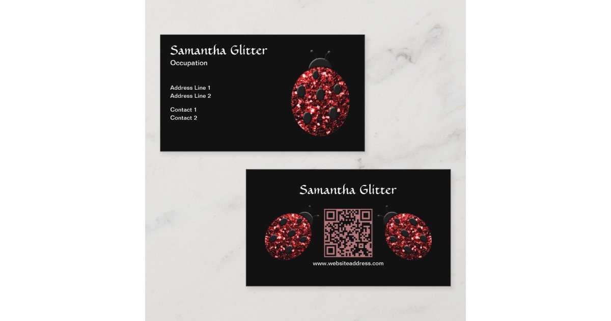 Red sparkles Ladybug Custom QR code Black Business Card | Zazzle