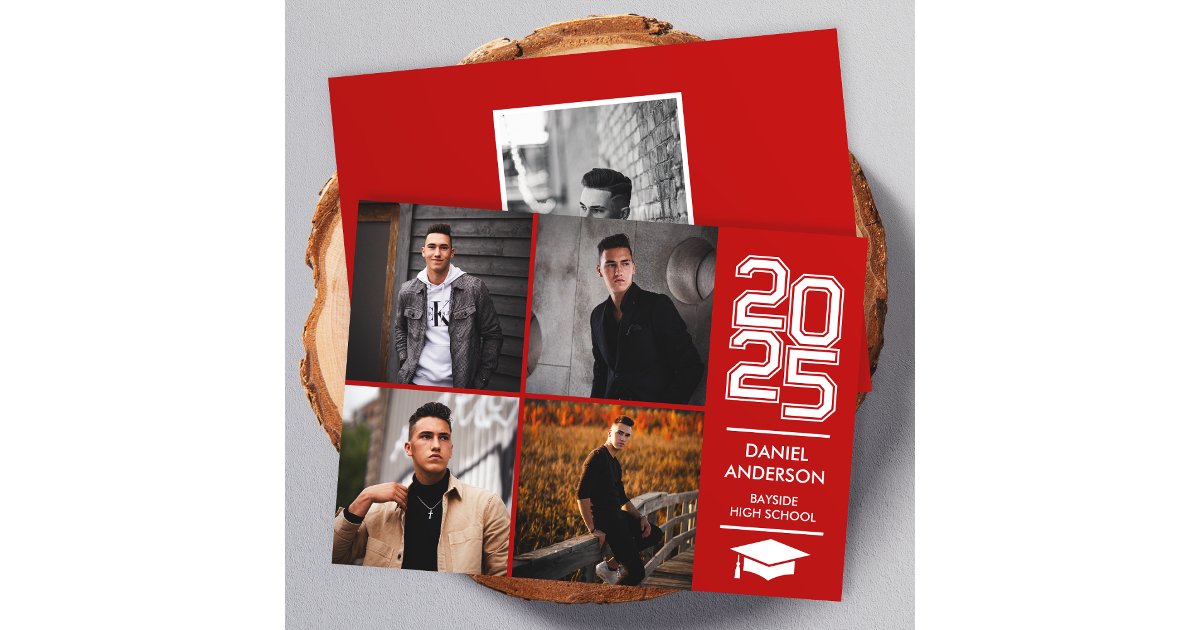Red Square Photo Modern Varsity Grad Announcement | Zazzle