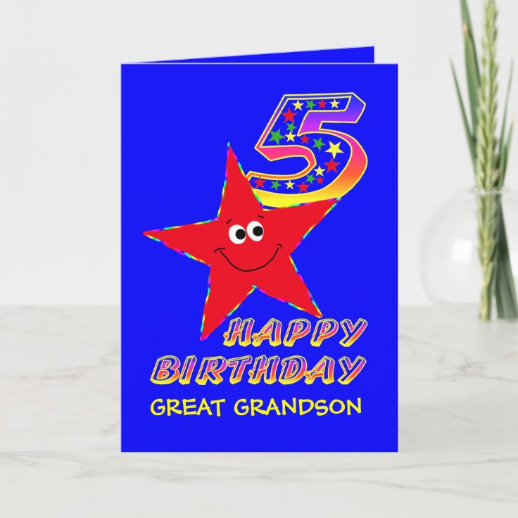 Red Star 5th Birthday Great Grandson Card | Zazzle