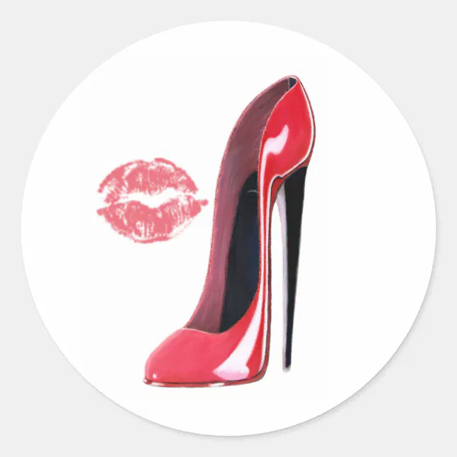 Red Stiletto Shoe and Kiss Classic Round Sticker | Zazzle