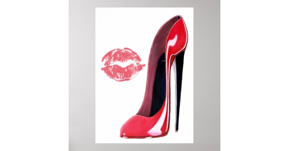 Red Stiletto Shoe and Red Lips Art Poster | Zazzle