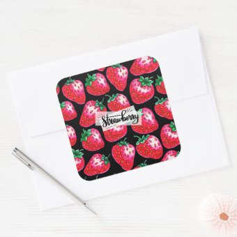 Red Strawberry on black background Square Sticker | Zazzle