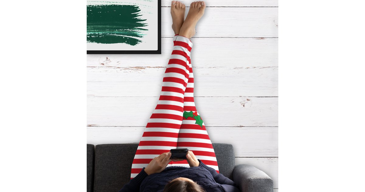 Red Stripes Candy Cane Holly Festive Christmas Leggings | Zazzle