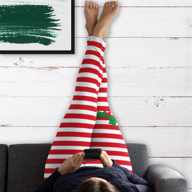Red Stripes Candy Cane Holly Festive Christmas Leggings | Zazzle