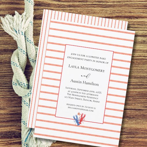 Red Stripes Minimalist Lobster Engagement Party Invitation | Zazzle