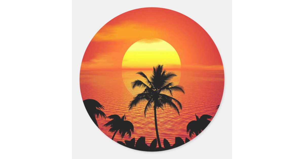 Red Sun Tropical Palm Beach Classic Round Sticker | Zazzle