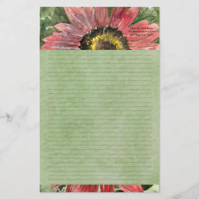 Red Sunflower Watercolor Personalized Stationary Stationery | Zazzle
