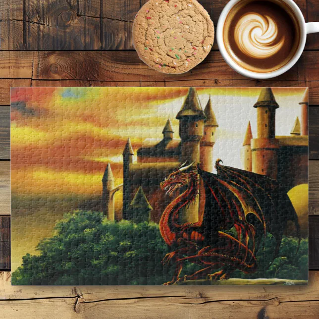 Red Sunset Castle Dragon Fantasy Jigsaw Puzzle | Zazzle