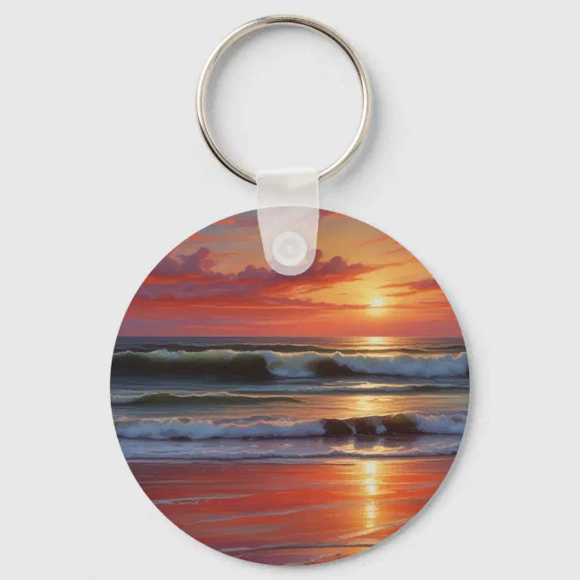 Red Sunset Ocean Seascape Painting Artwork Keychain | Zazzle
