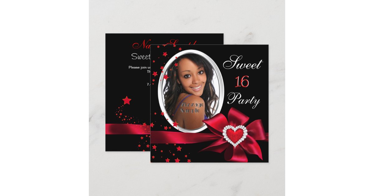 Red Sweet 16 Birthday Party Heart Photo Silver Invitation | Zazzle