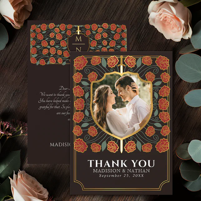 Red Sword & Shield Medieval Fantasy Wedding Thank You Card | Zazzle