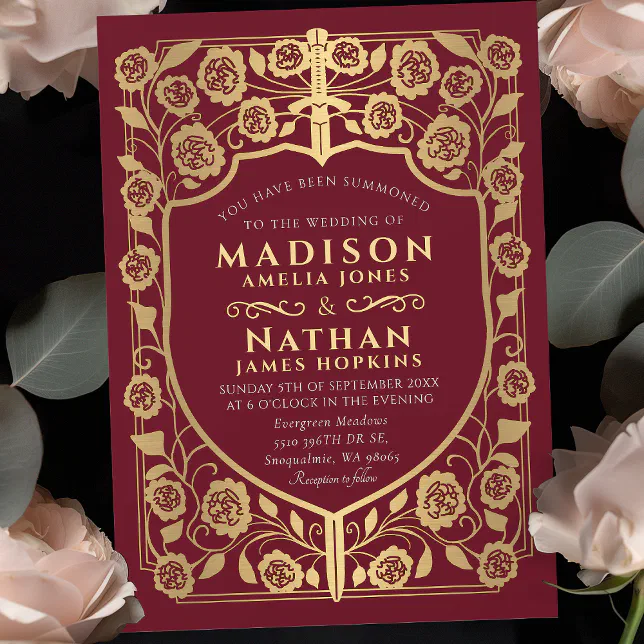 Red Sword Shield Medieval Monogram Wedding Invitation | Zazzle