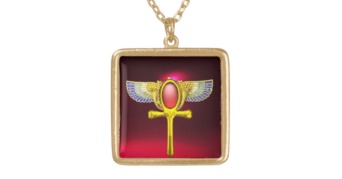 RED TALISMAN/ EGYPTIAN WINGED ANKH WITH CORNUCOPIA GOLD PLATED NECKLACE ...