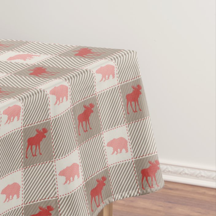 Red Tan Moose Bear Cabin Pattern Tablecloth | Zazzle.com