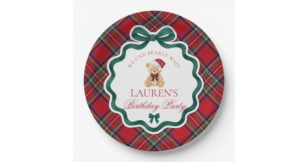 Red Tartan Plaid Christmas Bear Birthday Party Paper Plates | Zazzle