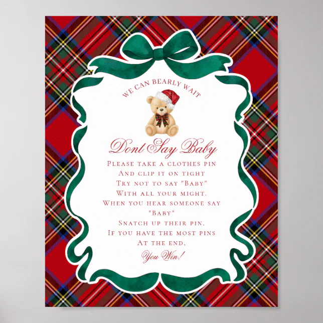 Red Tartan Plaid Christmas Bear Dont Say Baby Game Poster | Zazzle