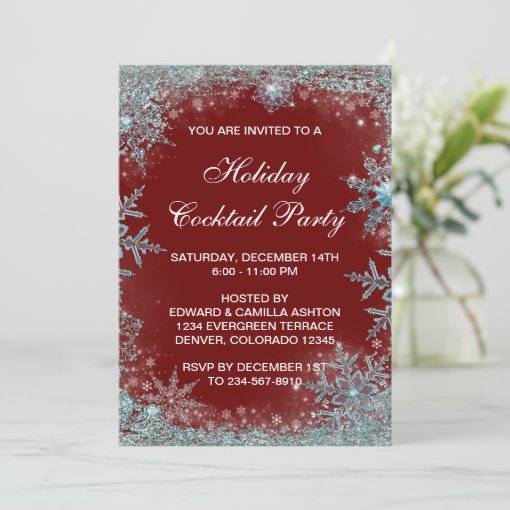 Red Teal Blue Snowflake Christmas Party Invitation | Zazzle
