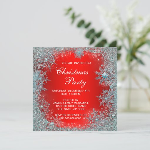 Red Teal Blue Snowflake Christmas Party Invitation | Zazzle