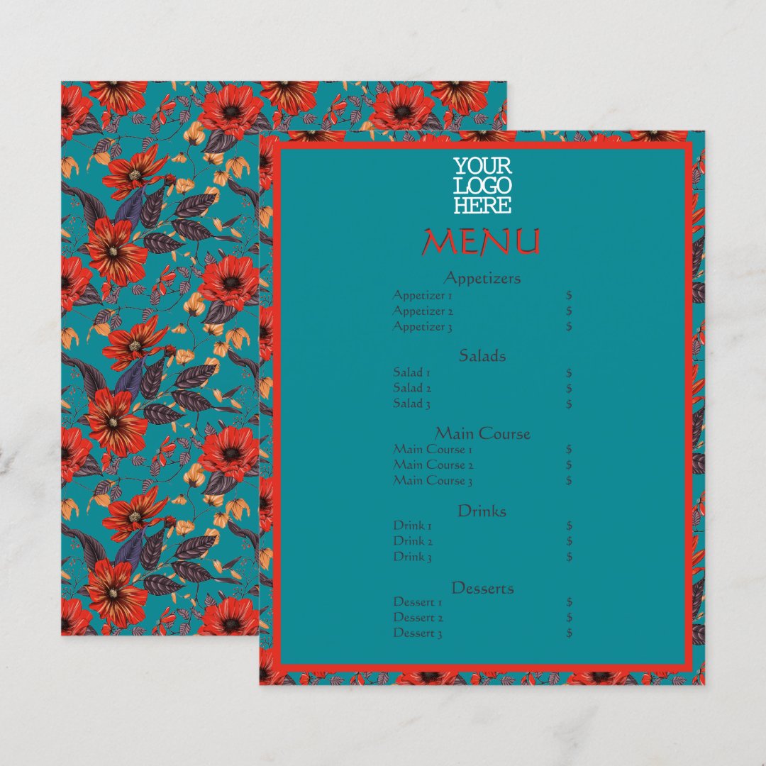Red Teal Floral Cafe Restaurant Menu | Zazzle