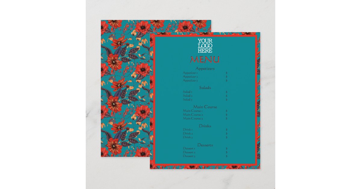 Red Teal Floral Cafe Restaurant Menu | Zazzle