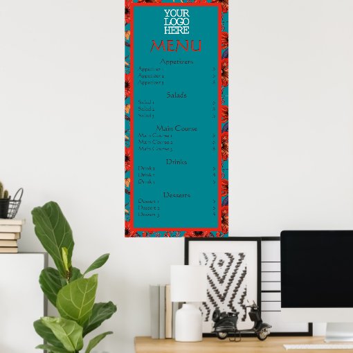 Red Teal Floral Cafe Restaurant Menu Poster | Zazzle