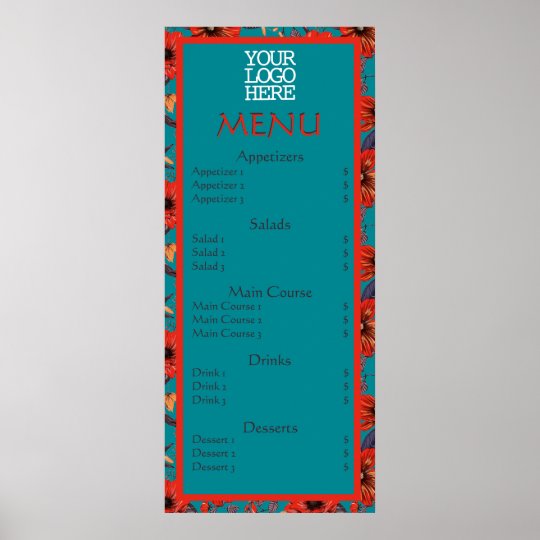 Red Teal Floral Cafe Restaurant Menu Poster | Zazzle.com