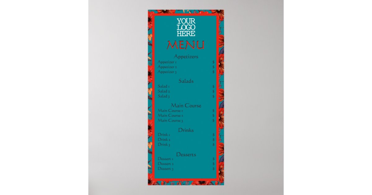 Red Teal Floral Cafe Restaurant Menu Poster | Zazzle