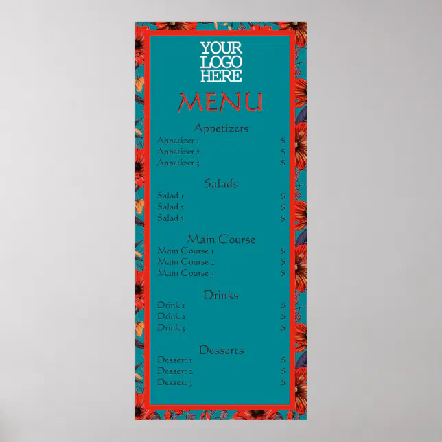 Red Teal Floral Cafe Restaurant Menu Poster | Zazzle